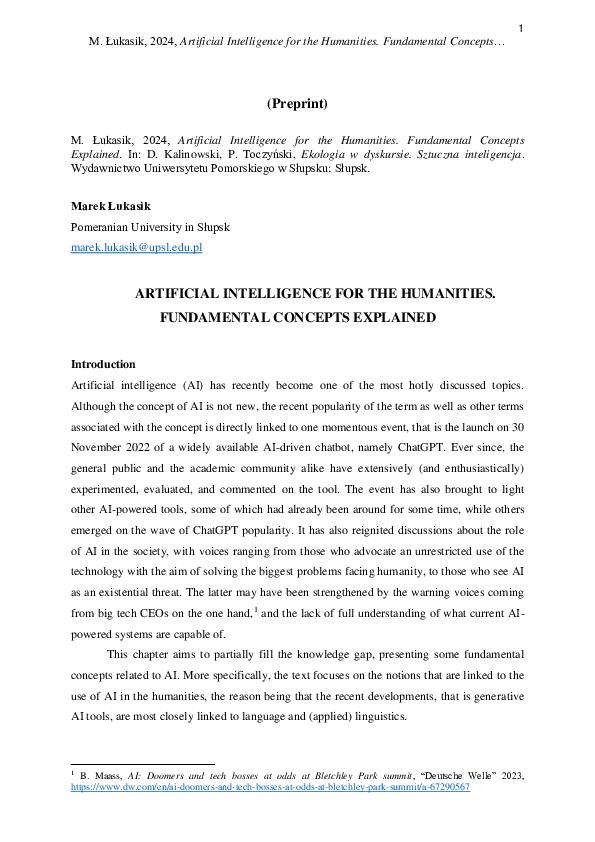 (PDF) Artificial Intelligence for the Humanities. Fundamental Concepts ...