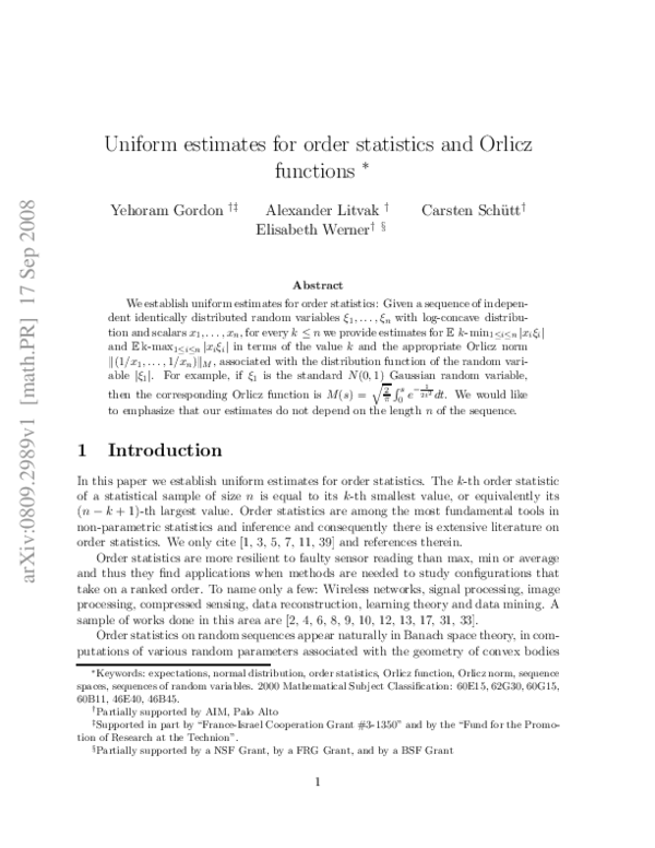 Pdf Uniform Estimates For Order Statistics And Orlicz Functions Alexander Litvak