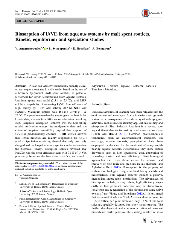 (PDF) Biosorption of U(VI) from aqueous systems by malt spent rootlets ...