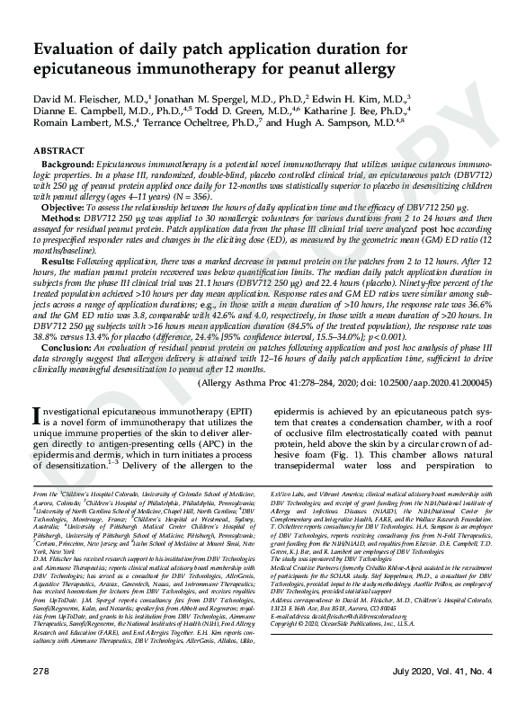 Evaluation of daily patch application duration for epicutaneous ...