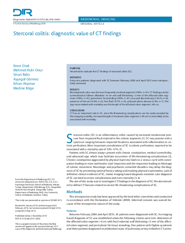 (PDF) Stercoral colitis: diagnostic value of CT findings