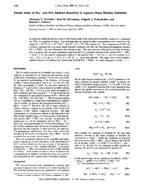 (PDF) Kinetic Study of SO5- and HO2 Radicals Reactivity in Aqueous Phase Bisulfite Oxidation