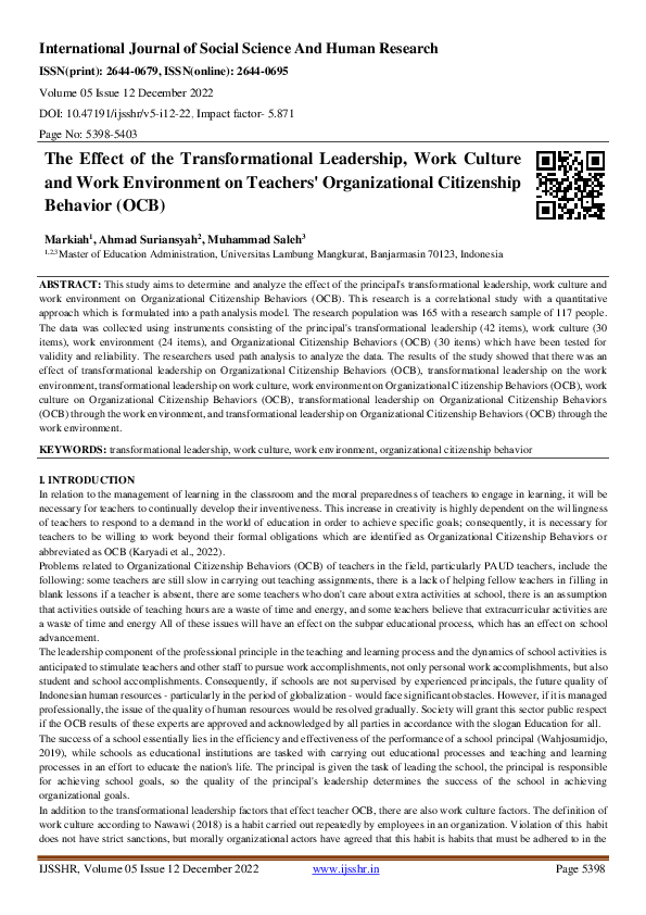(PDF) The Effect of the Transformational Leadership, Work Culture and Work Environment on ...