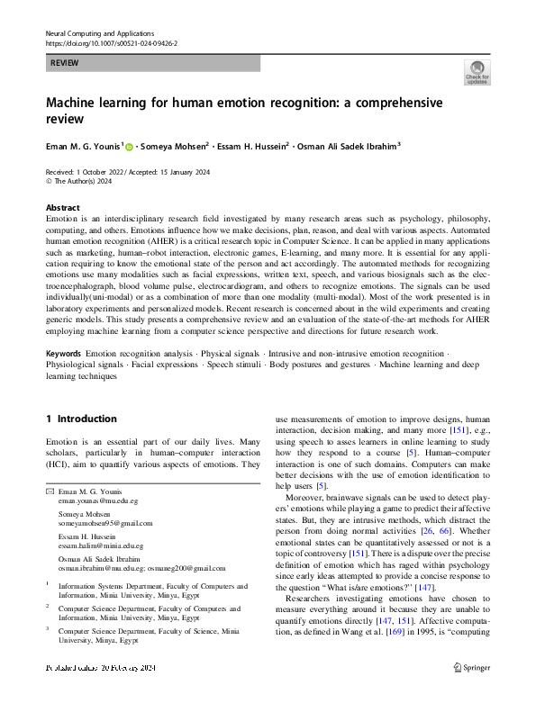 (PDF) Machine learning for human emotion recognition: a comprehensive review