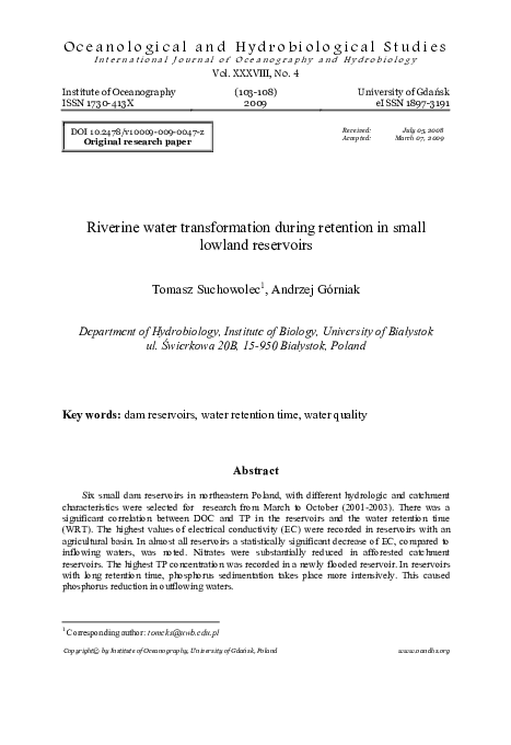 (PDF) Riverine water transformation during retention in small lowland reservoirs