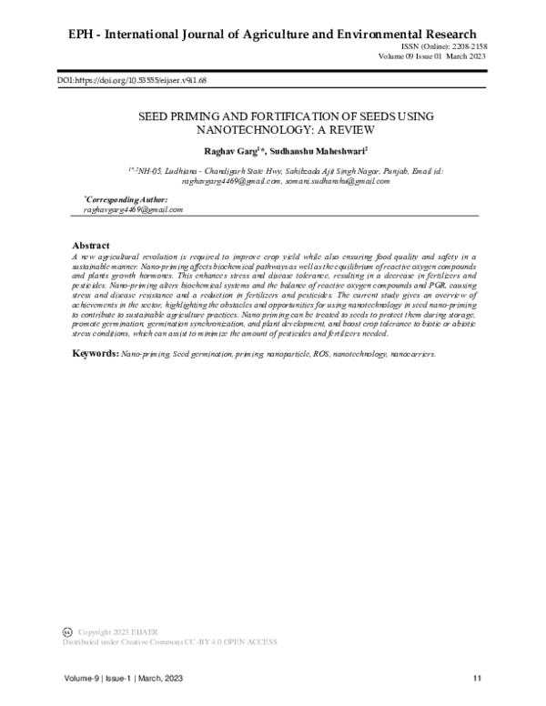 (PDF) Seed Priming and Fortification of Seeds Using Nanotechnology: A Review