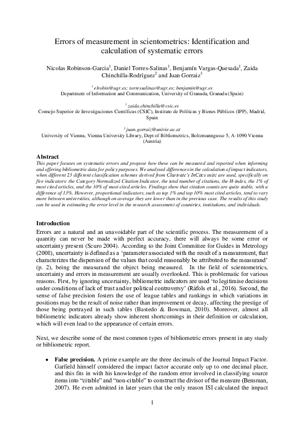 (PDF) Errors of measurement in scientometrics: Identification and ...