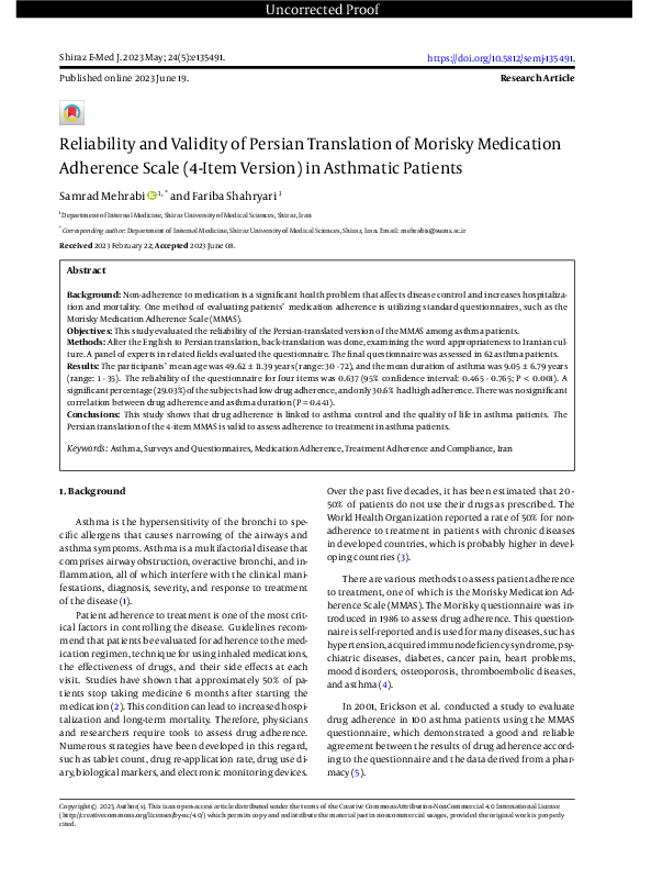 (PDF) Reliability and Validity of Persian Translation of Morisky Medication Adherence Scale (4 ...
