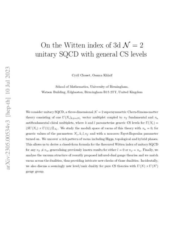 (PDF) On the Witten index of 3d $\mathcal{N}=2$ unitary SQCD with ...