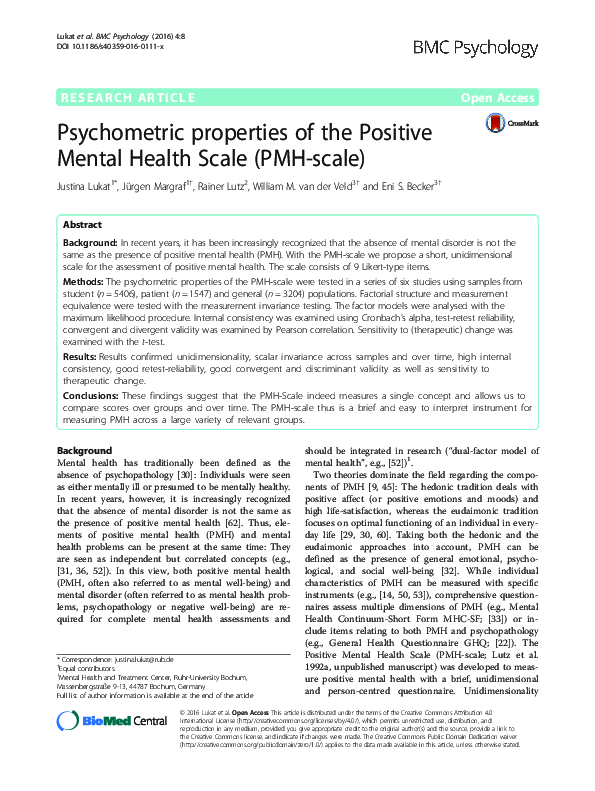 (PDF) Psychometric properties of the Positive Mental Health Scale (PMH ...