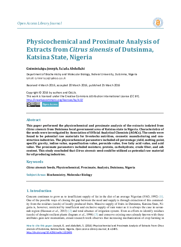 (PDF) Physicochemical and Proximate Analysis of Extracts from Citrus ...