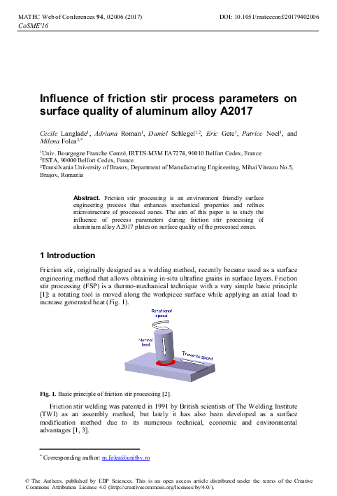 (PDF) Influence of friction stir process parameters on surface quality of aluminum alloy A2017
