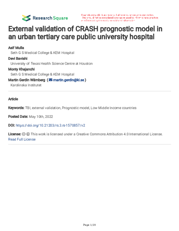 (PDF) External validation of CRASH prognostic model in an urban tertiary care public university ...