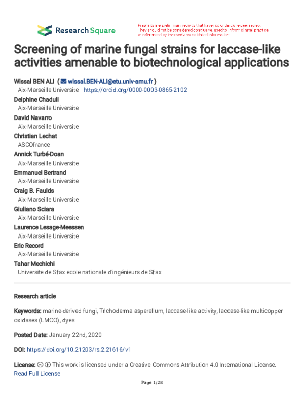 (PDF) Screening of marine fungal strains for laccase-like activities amenable to ...