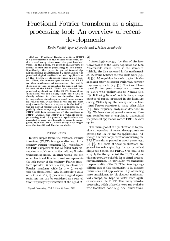 Pdf Fractional Fourier Transform As A Signal Processing Tool An