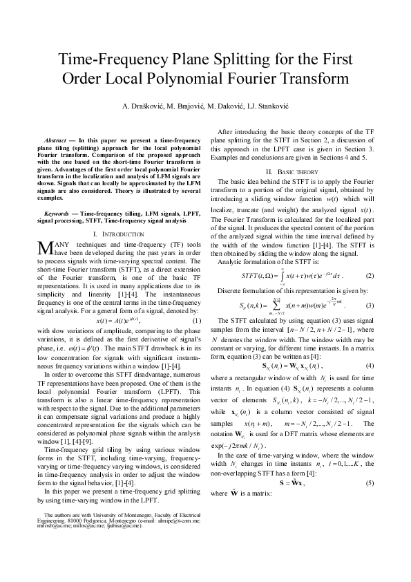 (PDF) Time-frequency plane splitting for the first order local polynomial Fourier transform