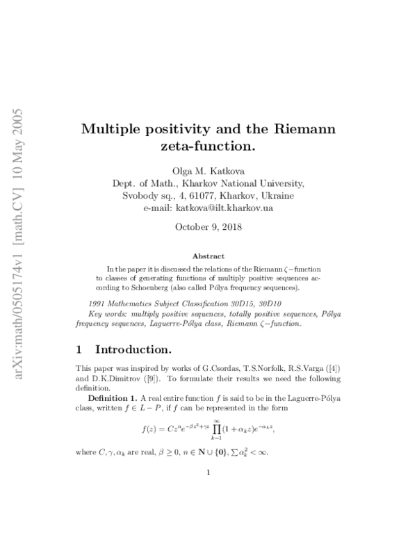 (PDF) Riemann Zeta-Function and Multiple Positivity Relations