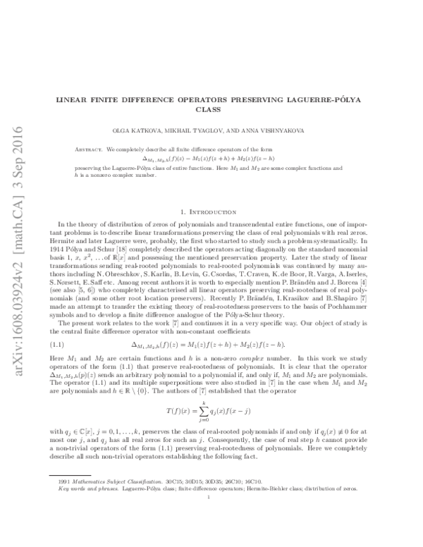 (PDF) Linear finite difference operators preserving Laguerre-P\'olya class