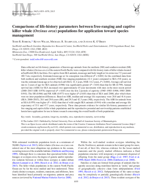Pdf Comparisons Of Life History Parameters Between Free Ranging And Captive Killer Whale
