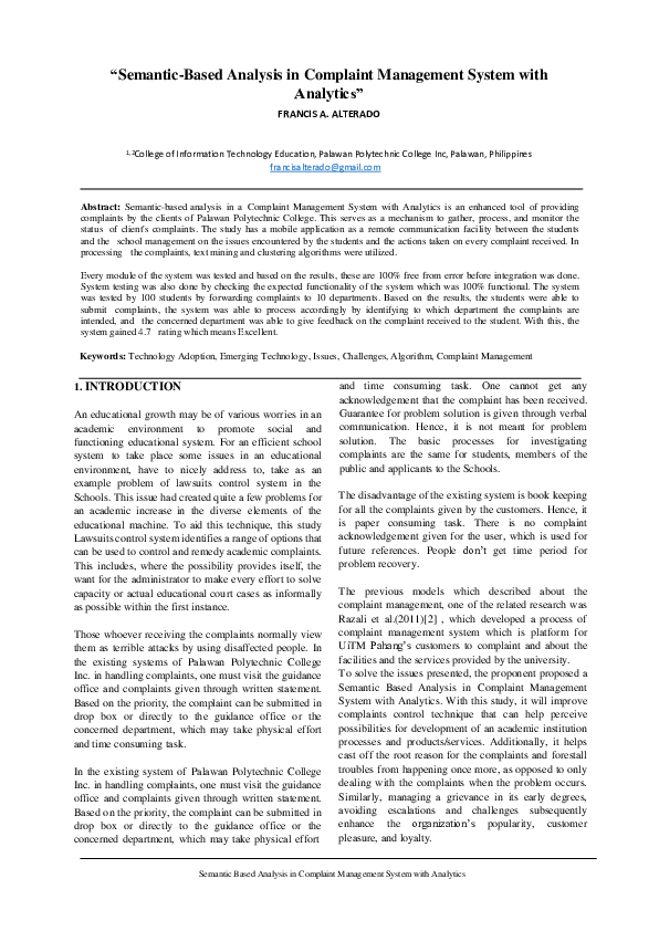 (PDF) "Semantic-Based Analysis in Complaint Management System with Analytics"