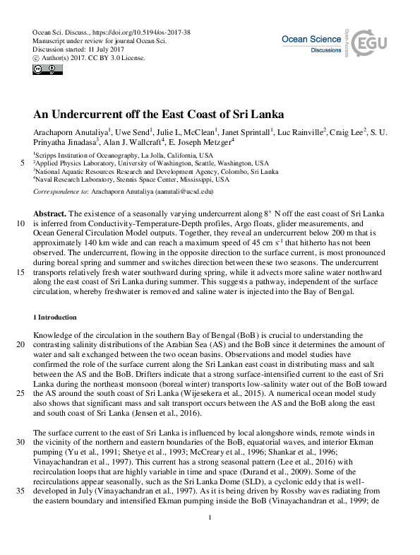 (PDF) An Undercurrent off the East Coast of Sri Lanka