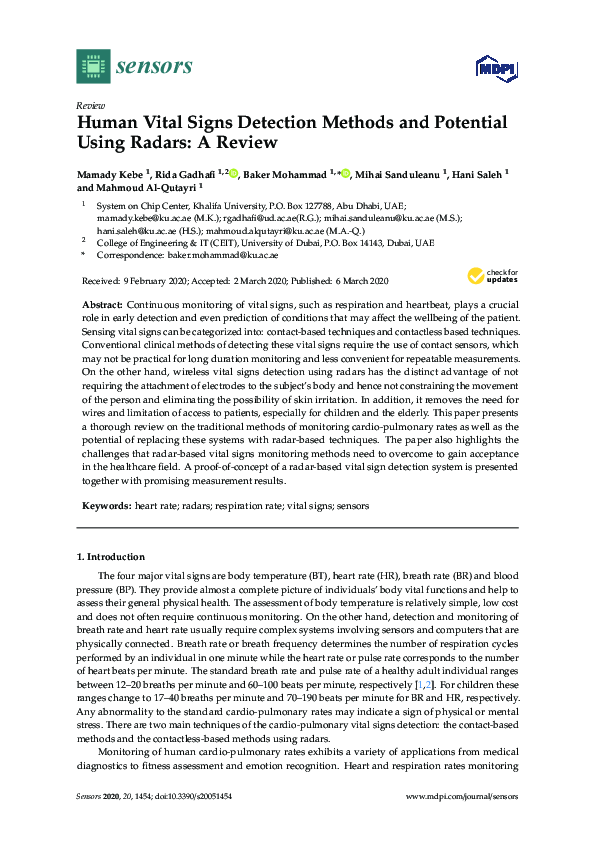 (PDF) Human Vital Signs Detection Methods and Potential Using Radars: A ...