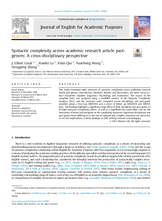 (PDF) Syntactic complexity across academic research article part-genres ...