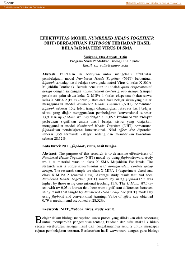 (PDF) Efektivitas Model Numbered Heads Together (NHT) Berbantuan Flipbook Terhadap Hasil Belajar ...