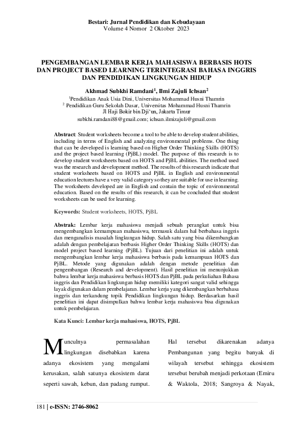 (PDF) Pengembangan Lembar Kerja Mahasiswa Berbasis Hots Dan Project Based Learning Terintegrasi ...