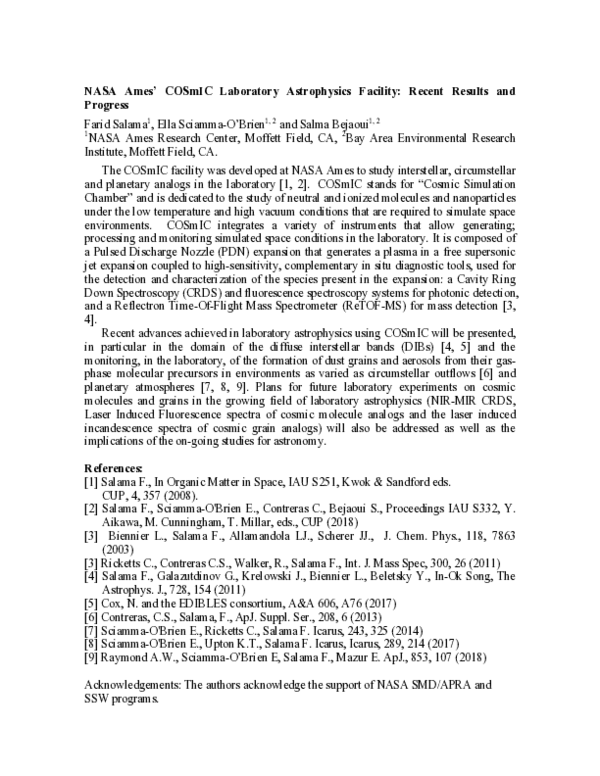 (PDF) NASA Ames' COSmIC Laboratory Astrophysics Facility: Recent ...