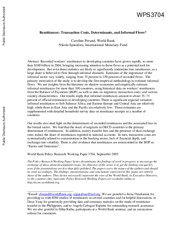 (PDF) Remittances : Transaction Costs, Determinants, And Informal Flows