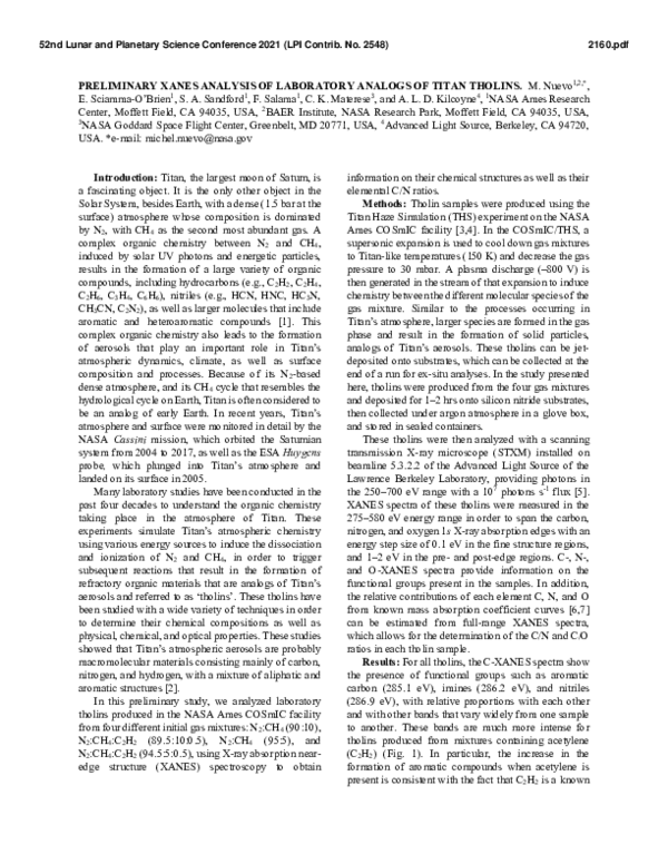 (PDF) Preliminary XANES Analysis of Laboratory Analogs of Titan Tholins ...