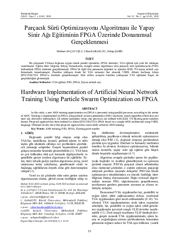 Pdf Hardware Implementation Of Artificial Neural Network Training Using Particle Swarm