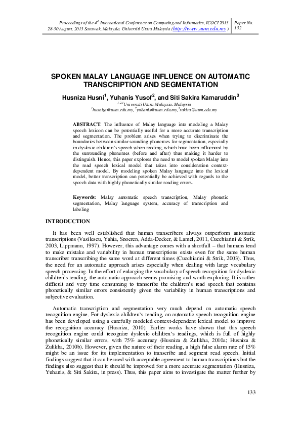 (PDF) Spoken Malay language influence on automatic transcription and segmentation