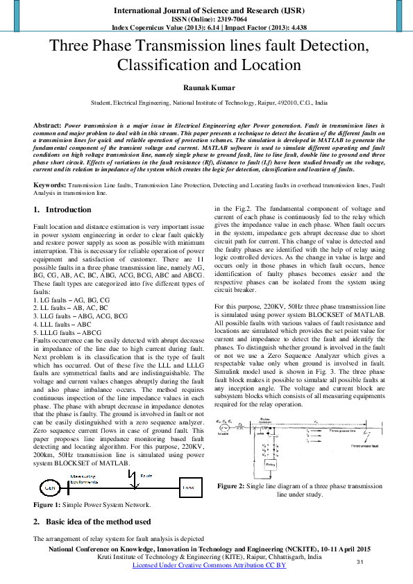Pdf Three Phase Transmission Lines Fault Detection Classification