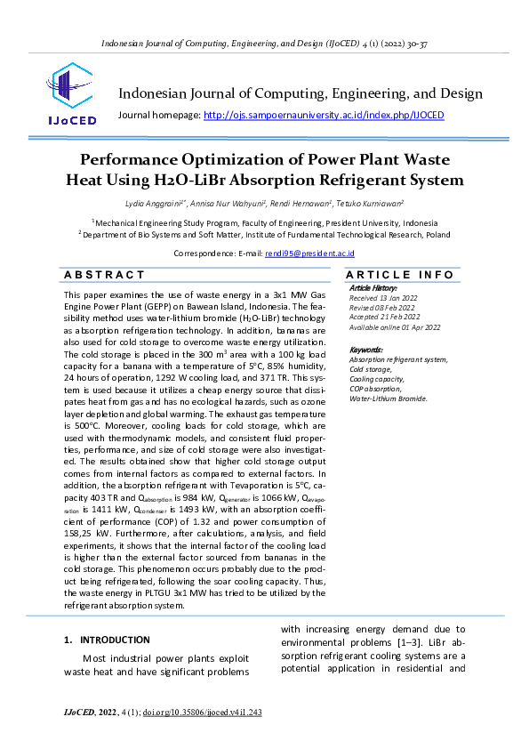 (PDF) Performance Optimization of Power Plant Waste Heat Using H2O-LiBr Absorption Refrigerant ...