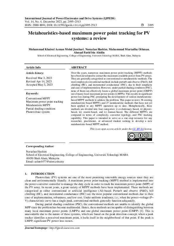 (PDF) Metaheuristics-based maximum power point tracking for PV systems: a review