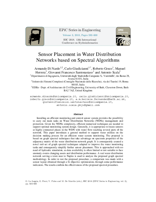 Pdf Sensor Placement In Water Distribution Networks Based On Spectral Algorithms