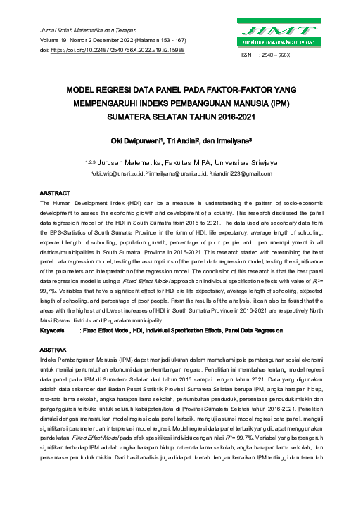 (PDF) Model Regresi Data Panel pada Faktor-Faktor yang Mempengaruhi Indeks Pembangunan Manusia ...
