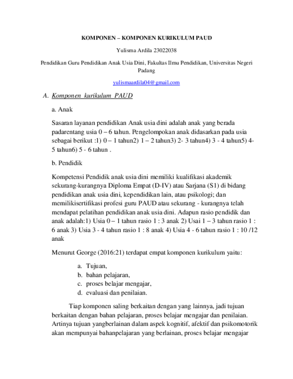 (PDF) KOMPONEN - KOMPONEN KURIKULUM PAUD