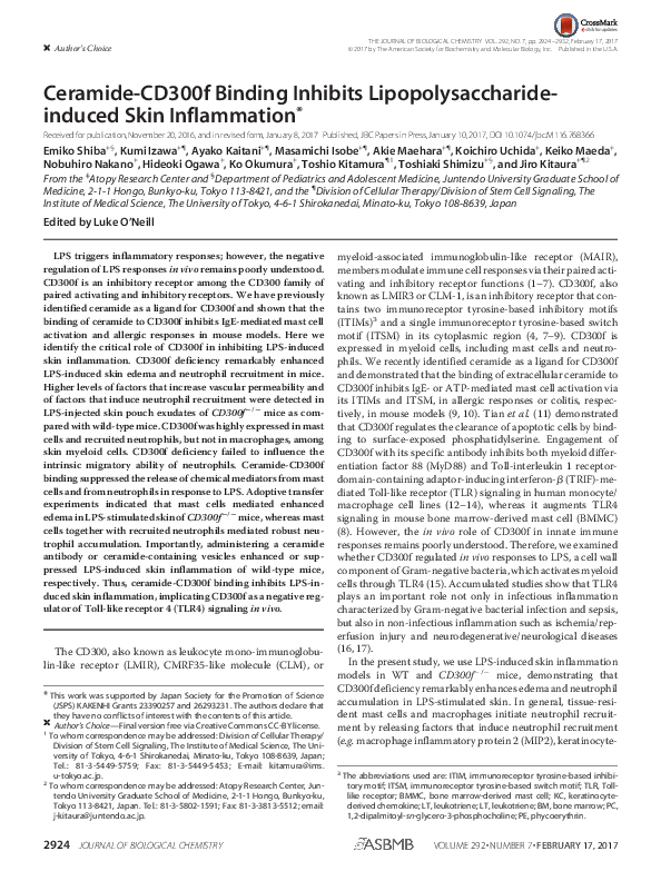 (PDF) Ceramide-CD300f Binding Inhibits Lipopolysaccharide-induced Skin ...