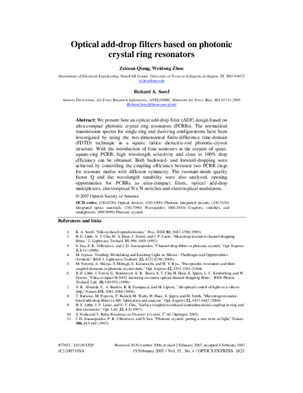 (PDF) Optical add-drop filters based on photonic crystal ring resonators