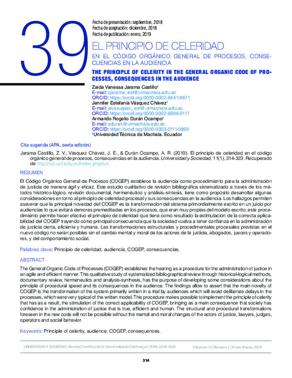 (PDF) El principio de celeridad en el código orgánico general de procesos, consecuencias en la ...