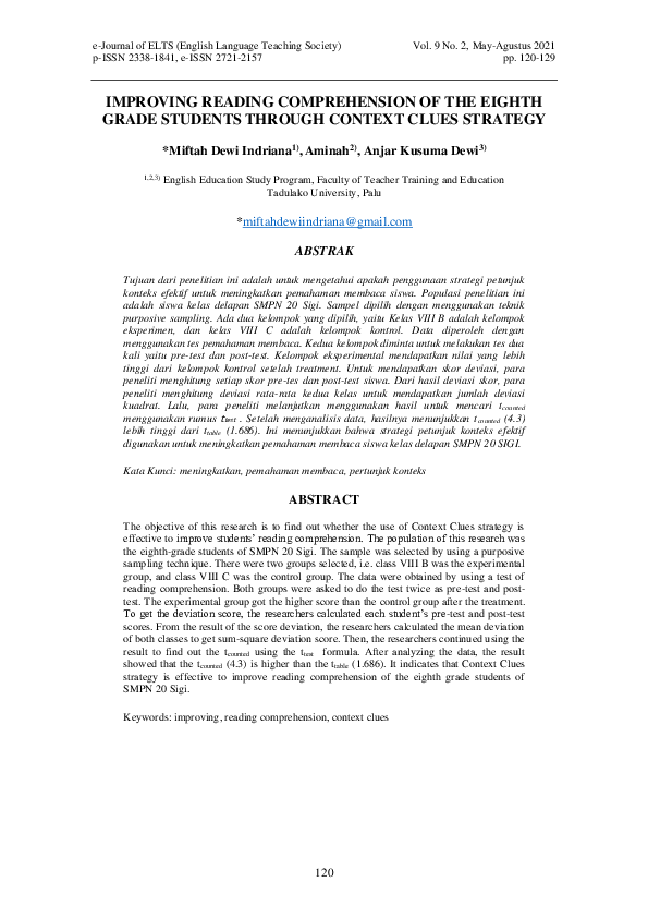 (PDF) Improving Reading Comprehension of the Eighth Grade Students ...