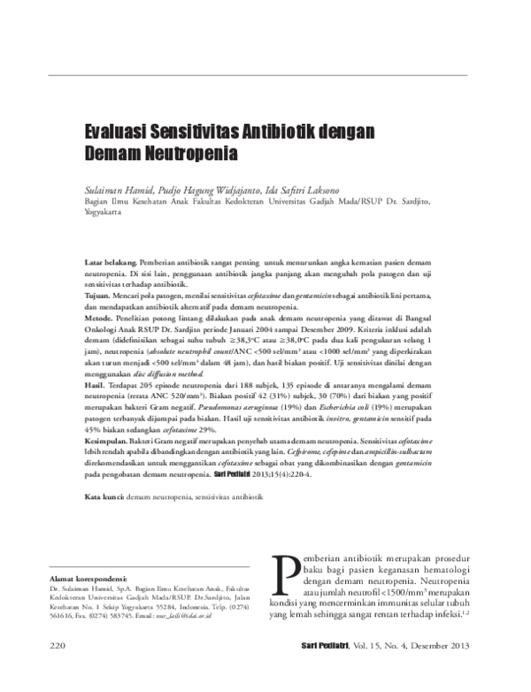 (PDF) Evaluasi Sensitivitas Antibiotik dengan Demam Neutropenia