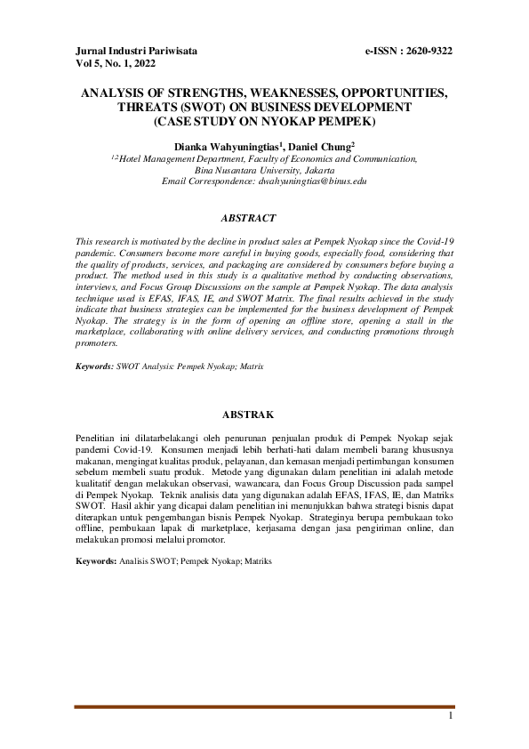(PDF) Analysis of Strengths, Weaknesses, Opportunities, Threats (Swot ...