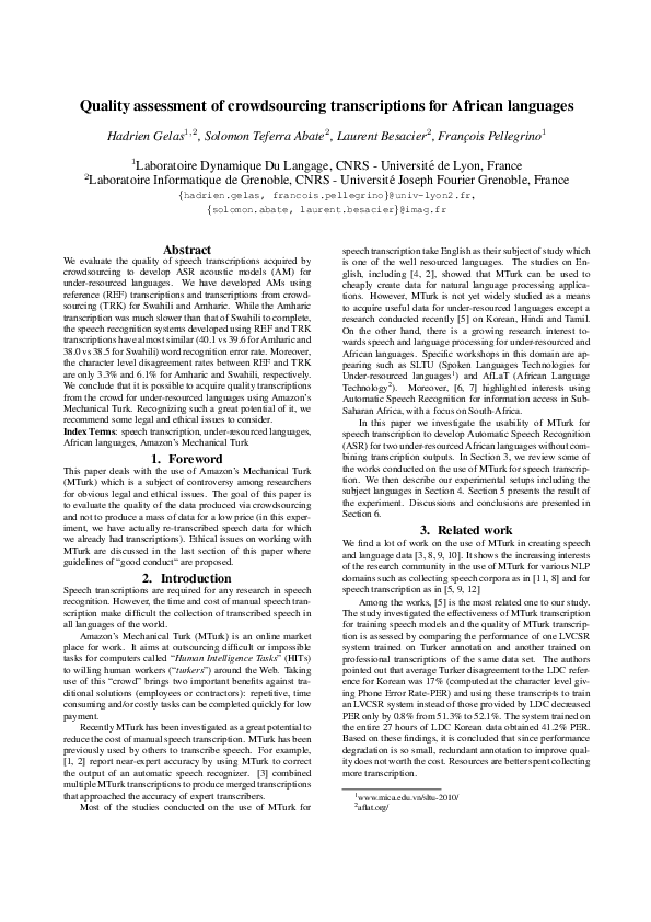 (PDF) Quality assessment of crowdsourcing transcriptions for African languages