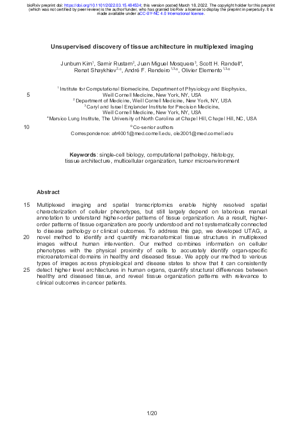 Pdf Unsupervised Discovery Of Tissue Architecture In Multiplexed Imaging