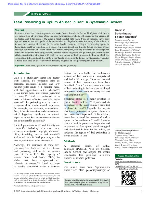 (PDF) Lead poisoning in opium abuser in Iran: A systematic review