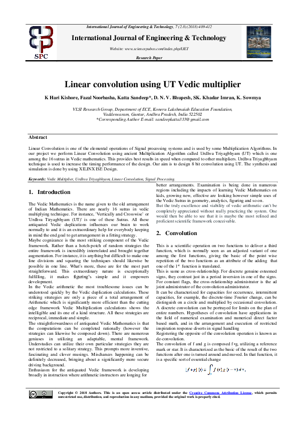 (PDF) 8-bit Linear Convolution with UT Vedic Multiplier